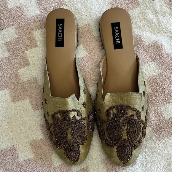 SAACHI | Shoes | Saachi Green Silk Beaded Mules Sz 9 Nwot | Poshmark
